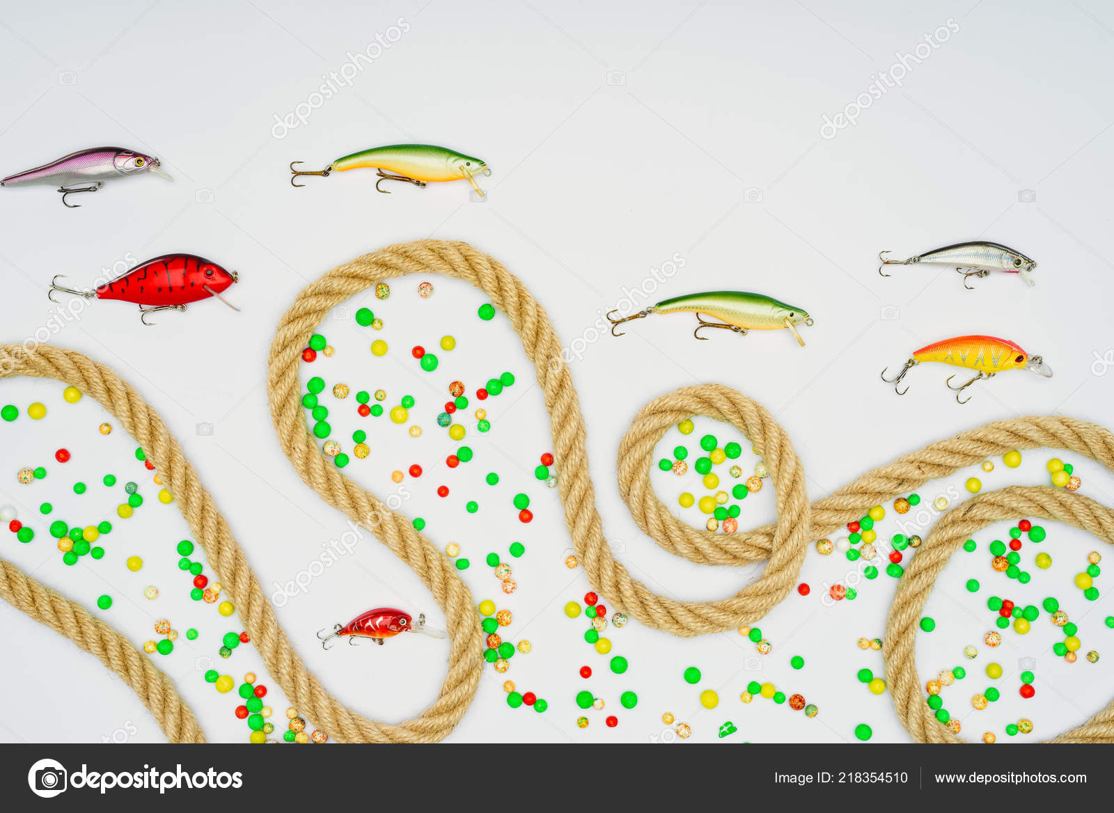 Elevated View Colorful Candies Nautical Rope Fishing Bait Isolated ...