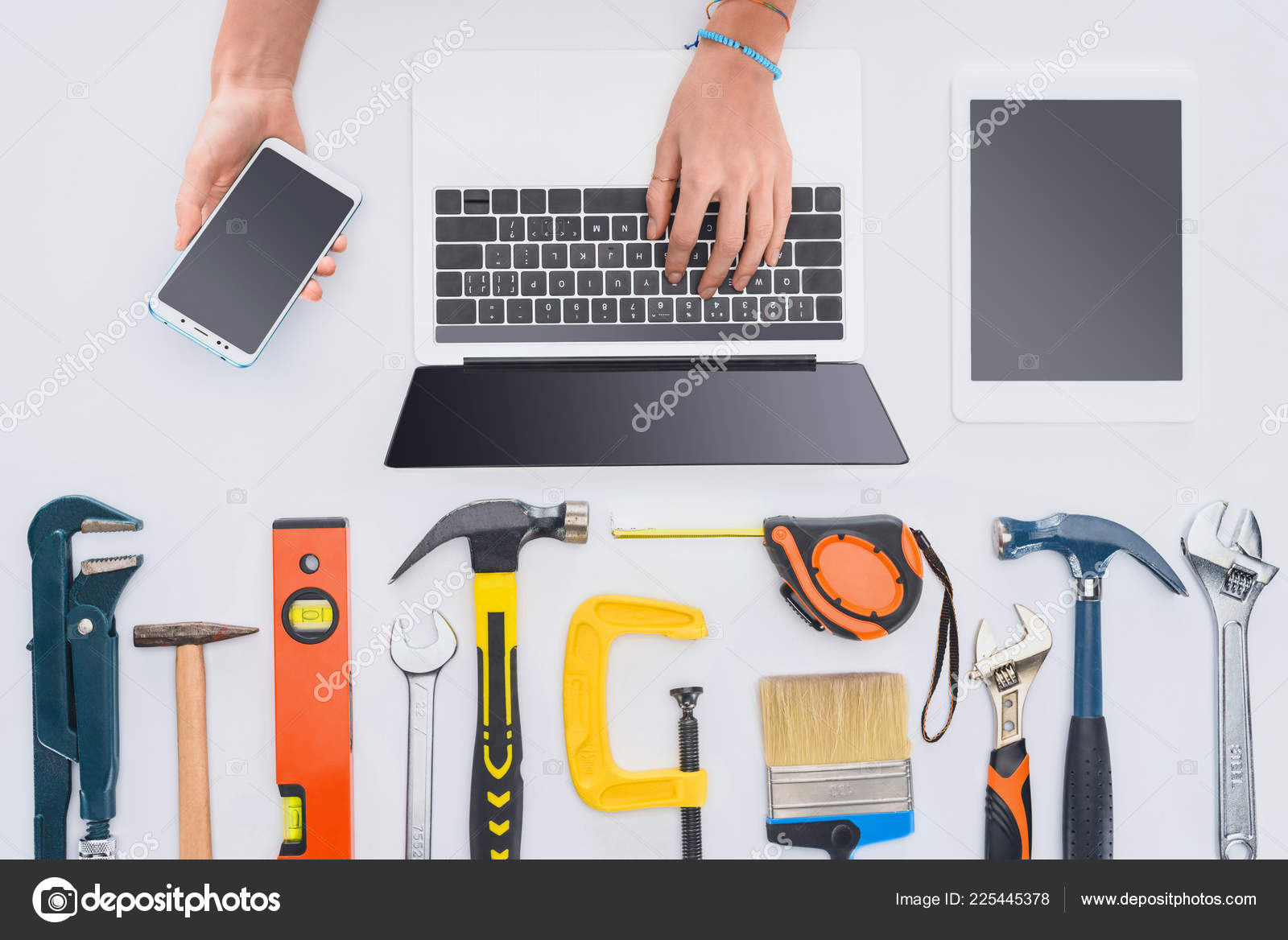 Cropped Shot Woman Using Devices Various Tools Lying White Stock Photo ...
