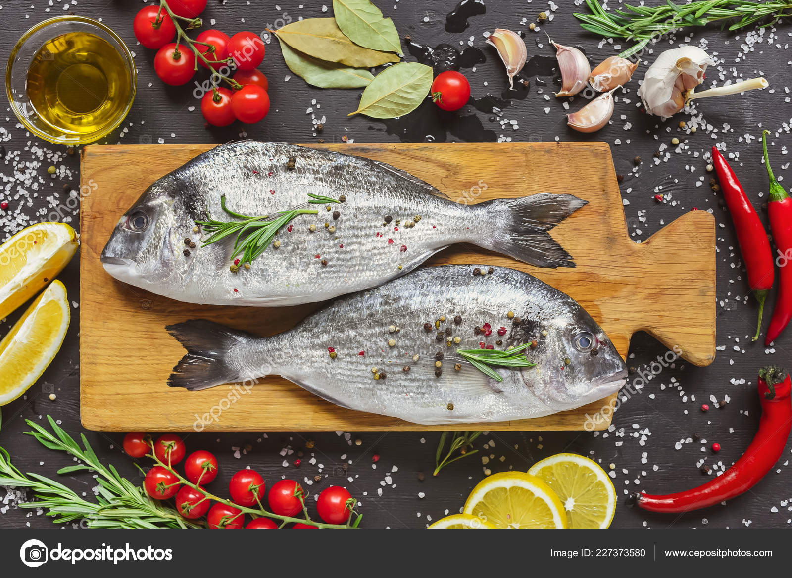 View Food Composition Raw Fish Ingredients Black Table — Stock Photo ...