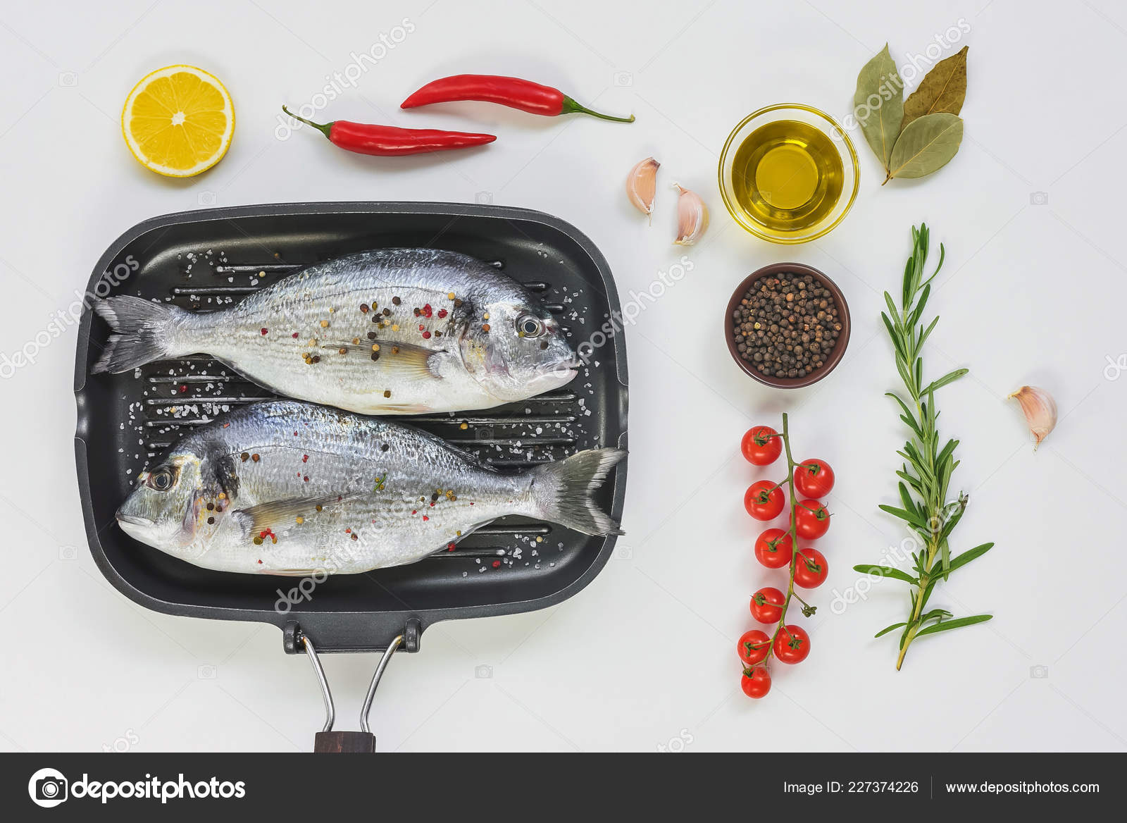 Flat Lay Various Ingredients Uncooked Fish Decorated Lemon Cherry ...