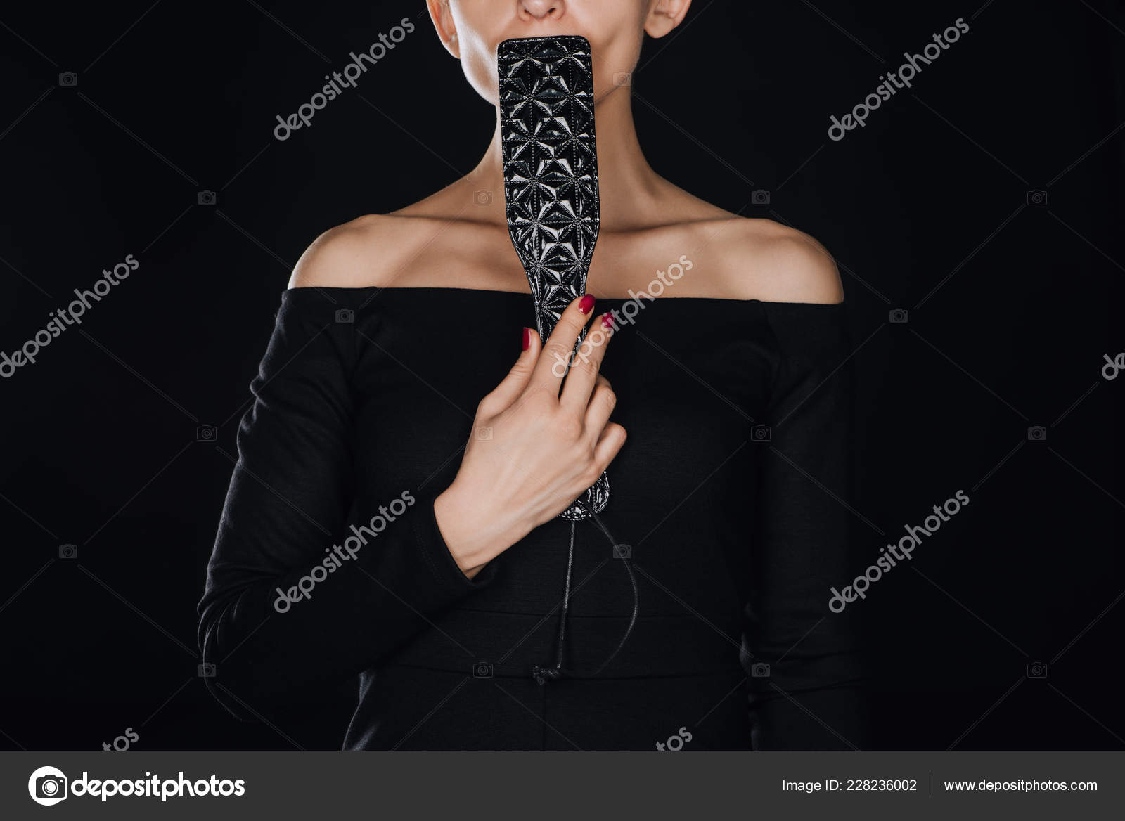 Partial View Woman Holding Leather Spanking Paddle Lips Isolated Black ... Partial View Woman Holding Leather Spanking Paddle Lips Isolated Black ...