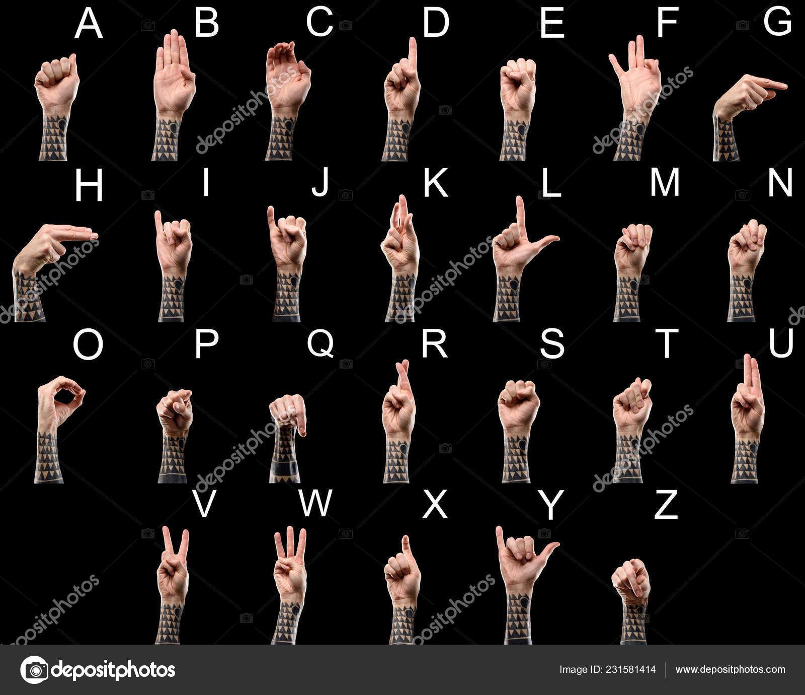 Set Deaf Dumb Language Tattooed Male Hands Latin Alphabet Isolated ...