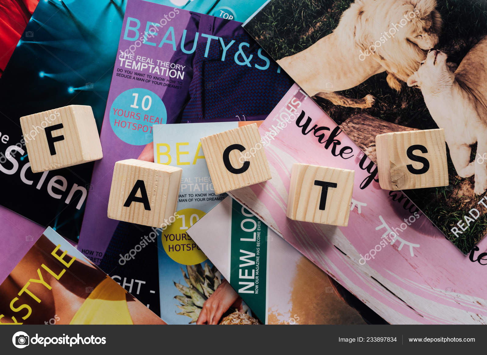 Top View Pile Different Tabloid Magazines Wooden Cubes Word Facts ...