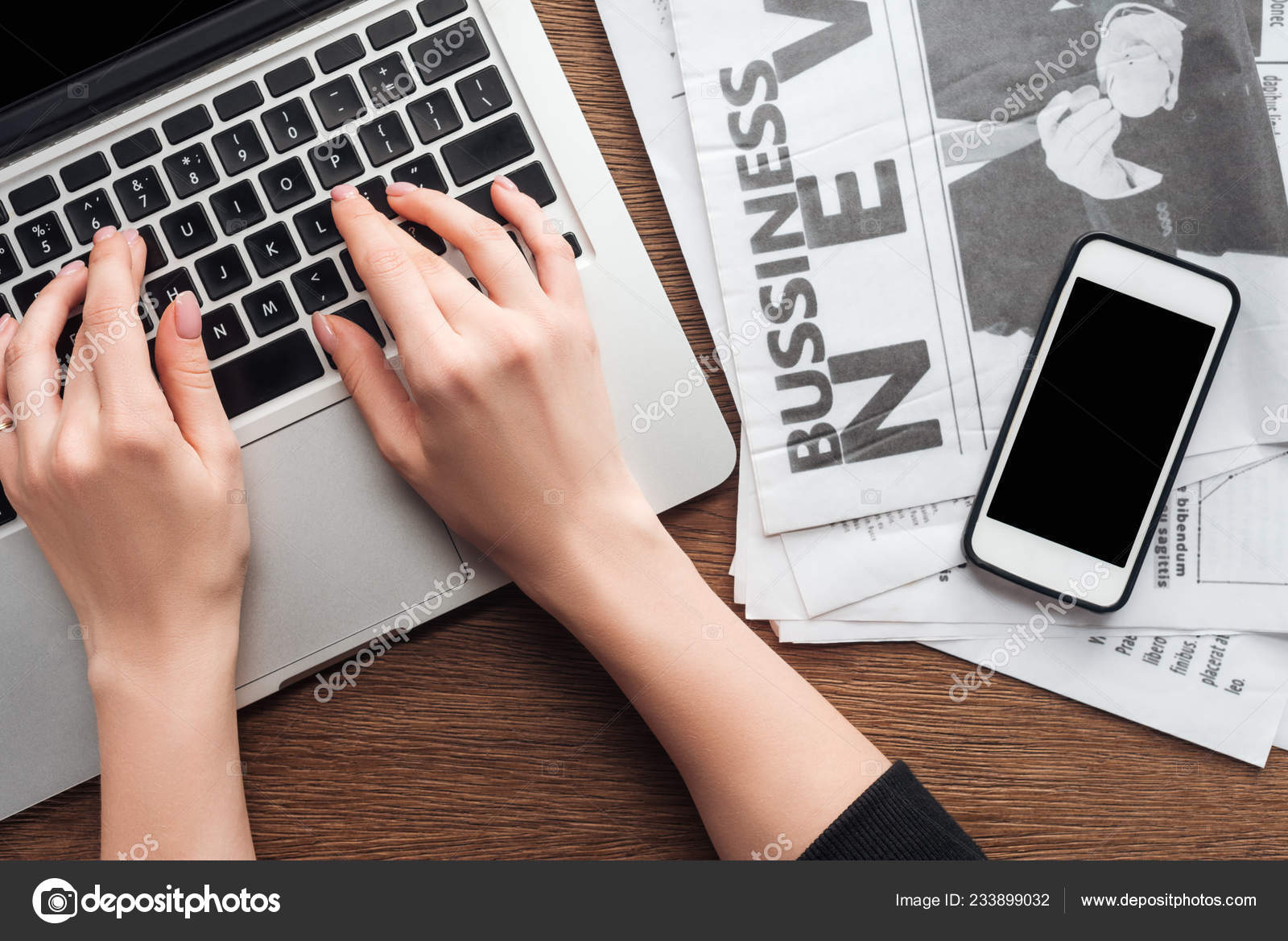 Cropped Image Journalist Working Laptop Wooden Table — Stock Photo ...