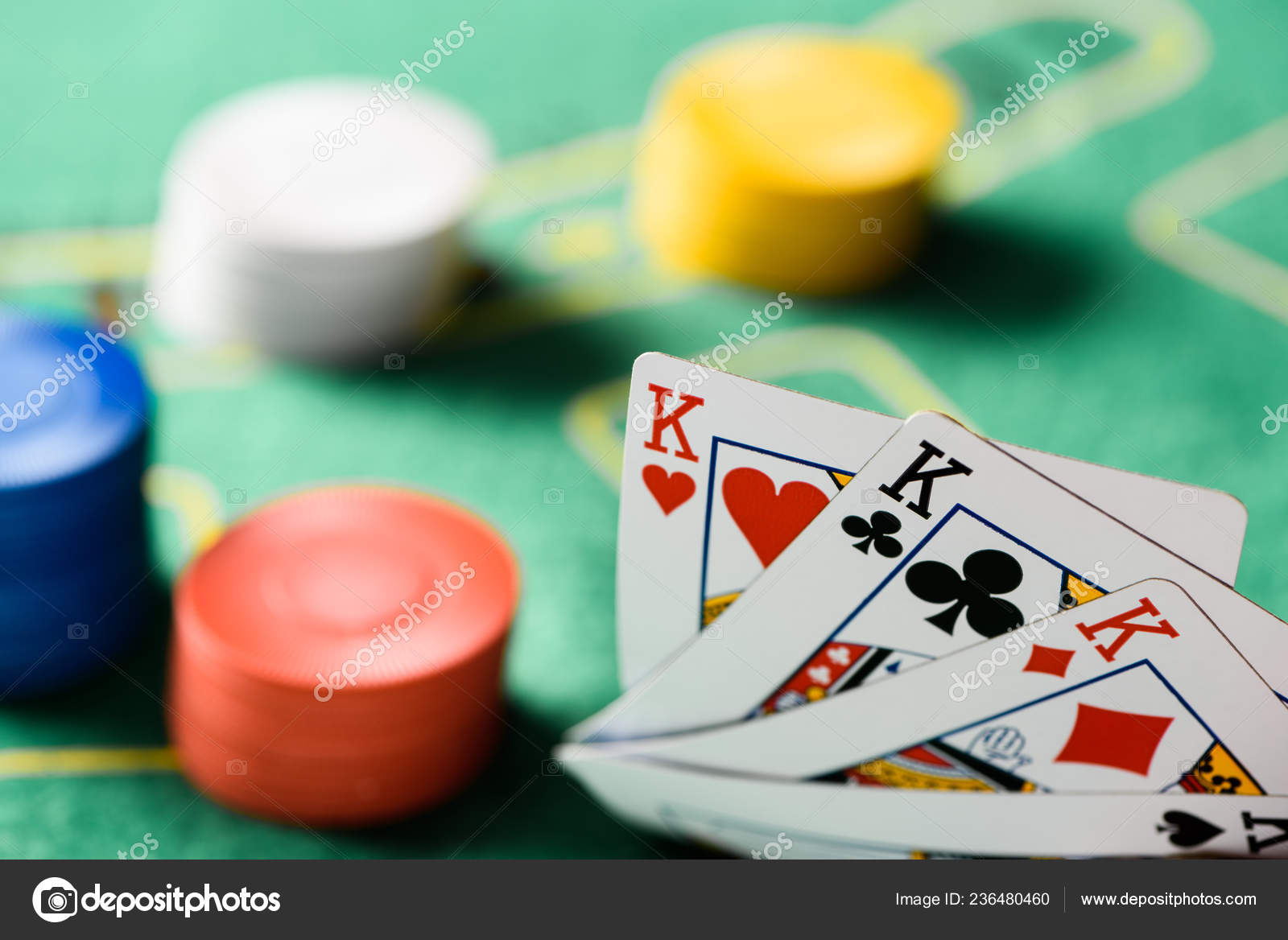 Selective Focus Playing Cards Chips Green Poker Table Background ...