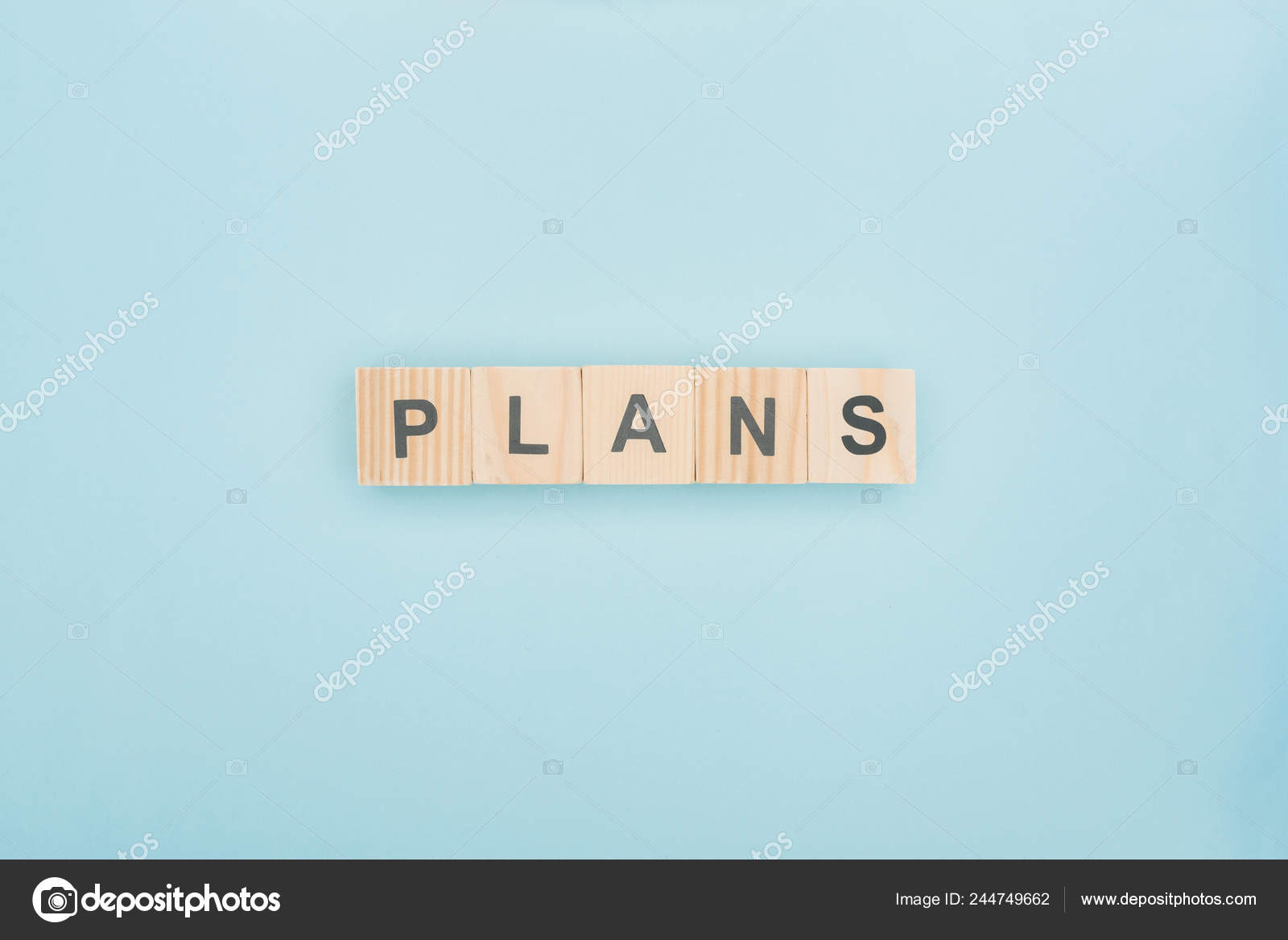 Top View Plans Lettering Made Wooden Blocks Blue Background — Stock ...