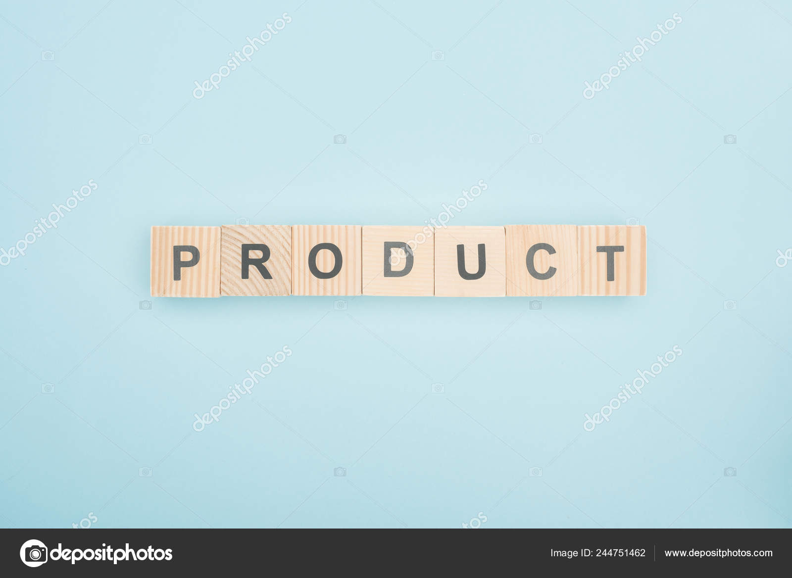 Top View Product Lettering Made Wooden Cubes Blue Background — Stock ...