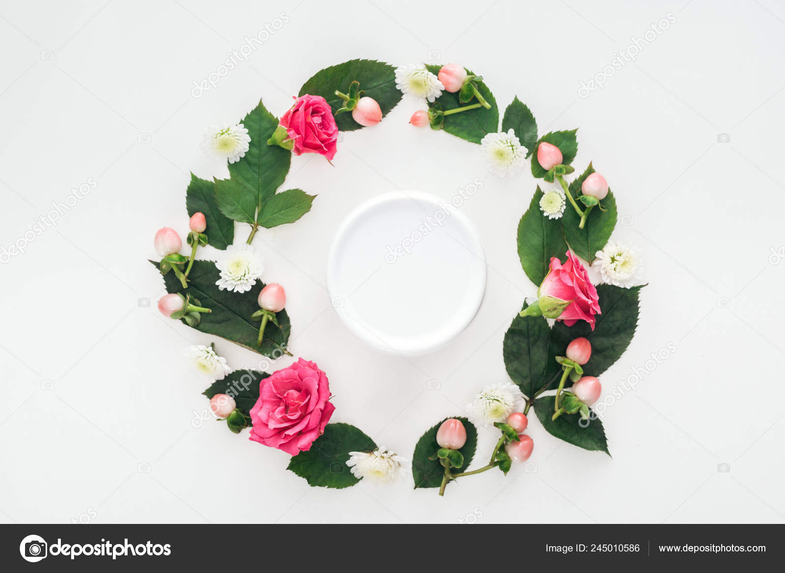 Top View Circular Composition Leaves Flowers Beauty Cream Isolated ...