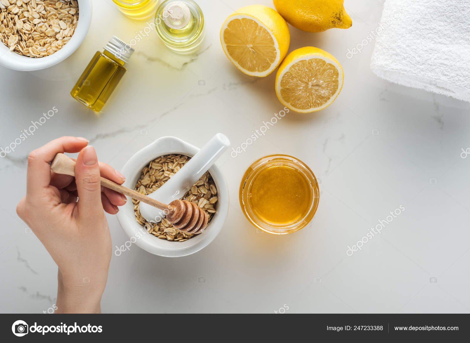 Cropped View Woman Adding Honey Pounder Oat Flakes White Surface ...