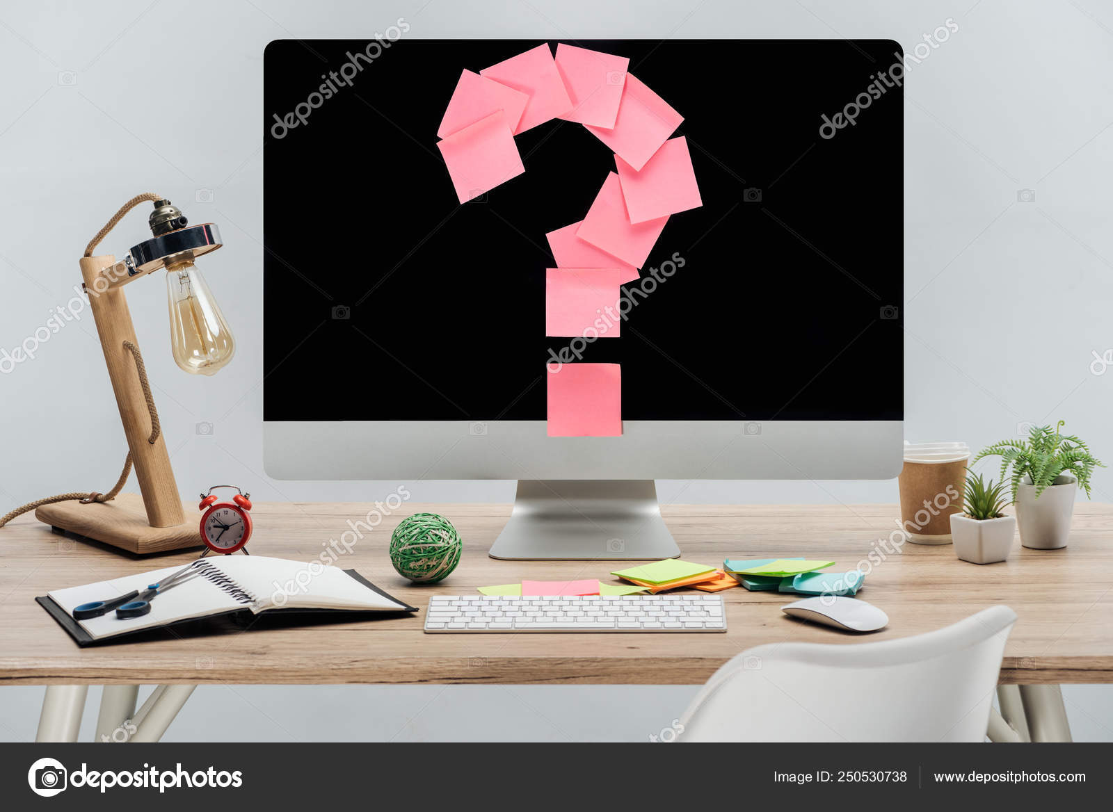 Modern Workplace Pink Question Mark Made Sticky Notes Computer Monitor ...