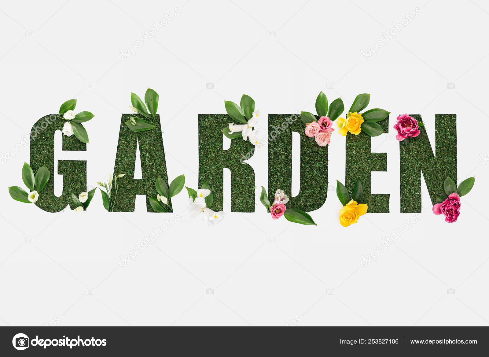 Top View Cut Out Garden Lettering Green Grass Flowers Isolated — Stock ...