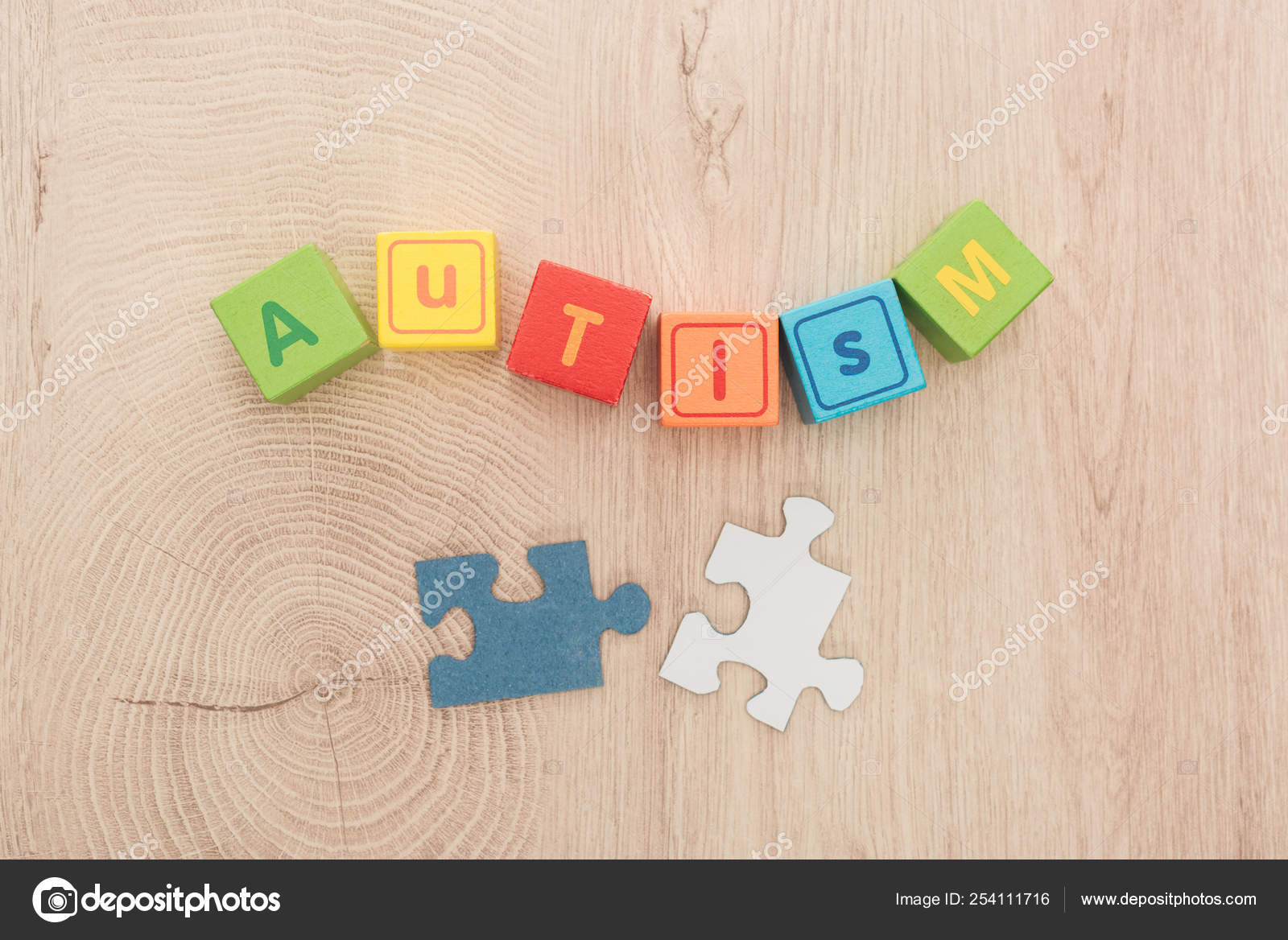 Top View Autism Lettering Made Multicolored Cubes Puzzle Pieces Wooden ...