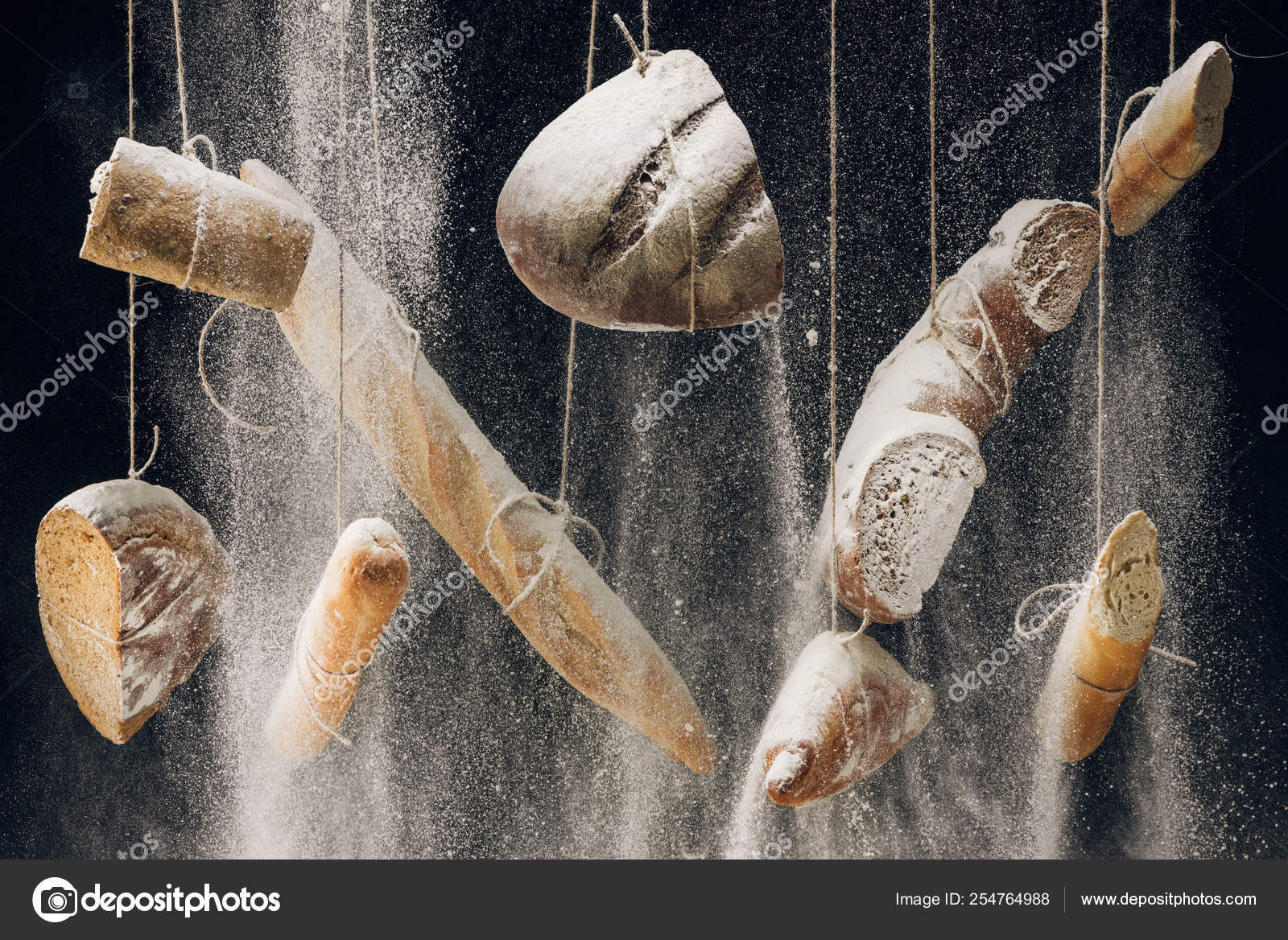 Flour Falling Bread Baguettes Croissant Hanging Ropes Black Background ...
