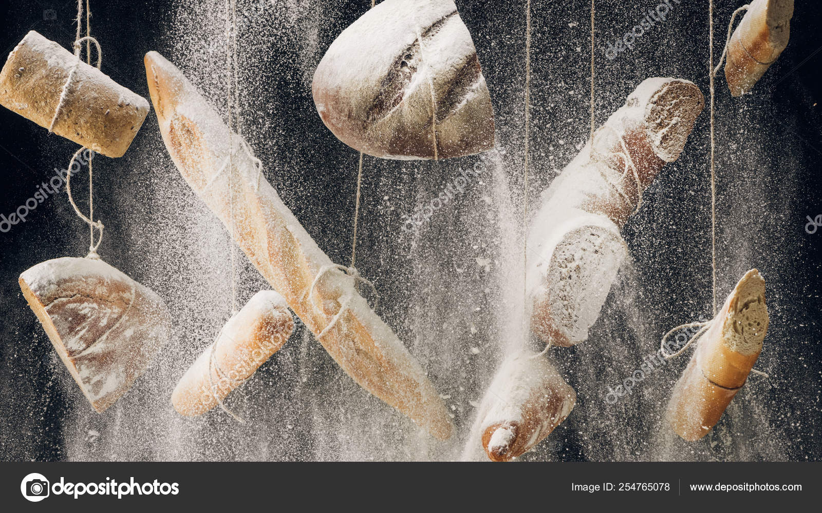 Flour Falling Baked Bread Baguettes Croissant Hanging Ropes Black ...