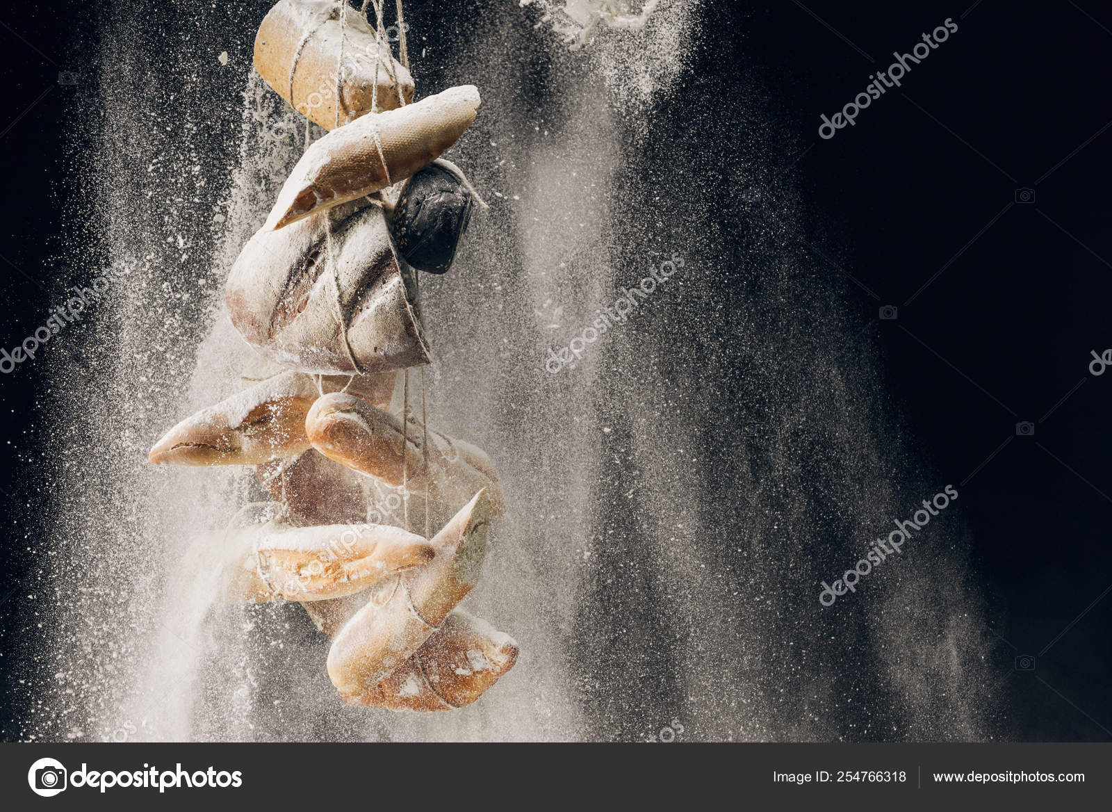 White Flour Falling Bread Baguettes Ropes Black Background Stock Photo ...