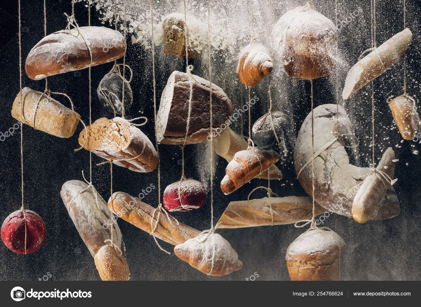 Flour Falling Loaves White Brown Bread Pastry Hanging Ropes Stock Photo ...