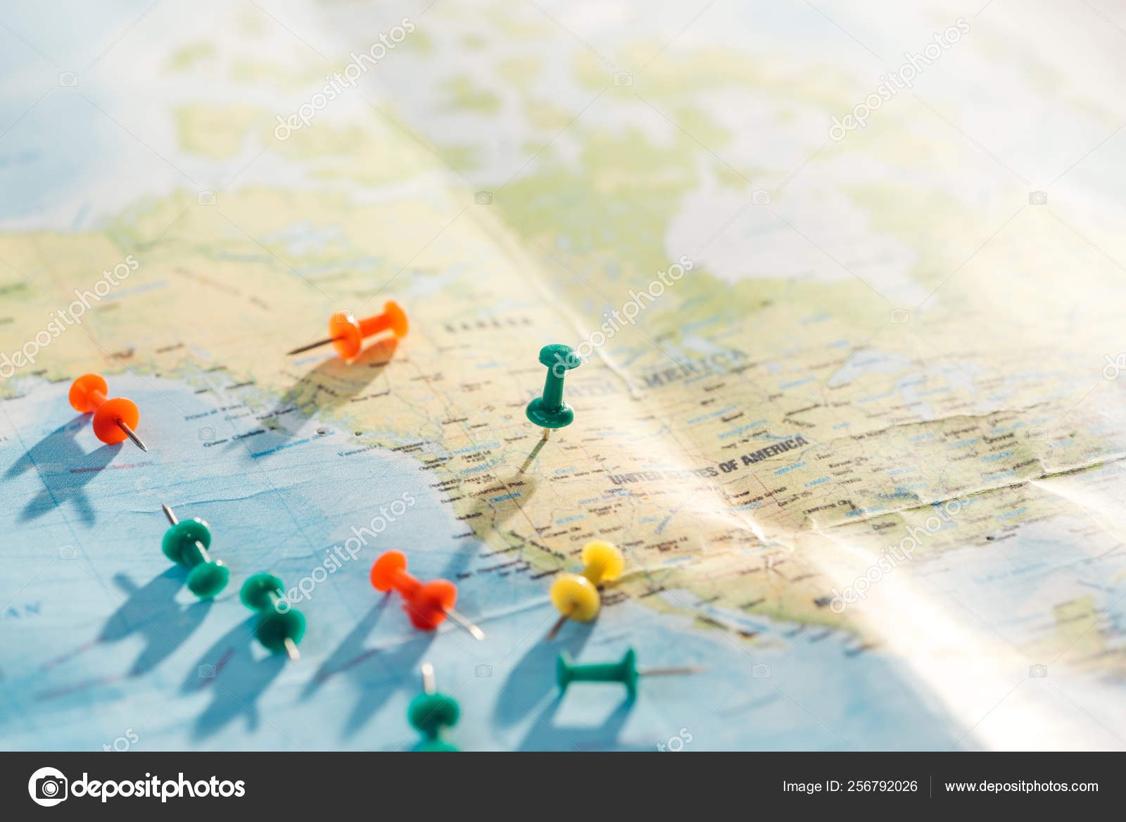 Selective Focus World Map Colorful Push Pins — Stock Photo ...
