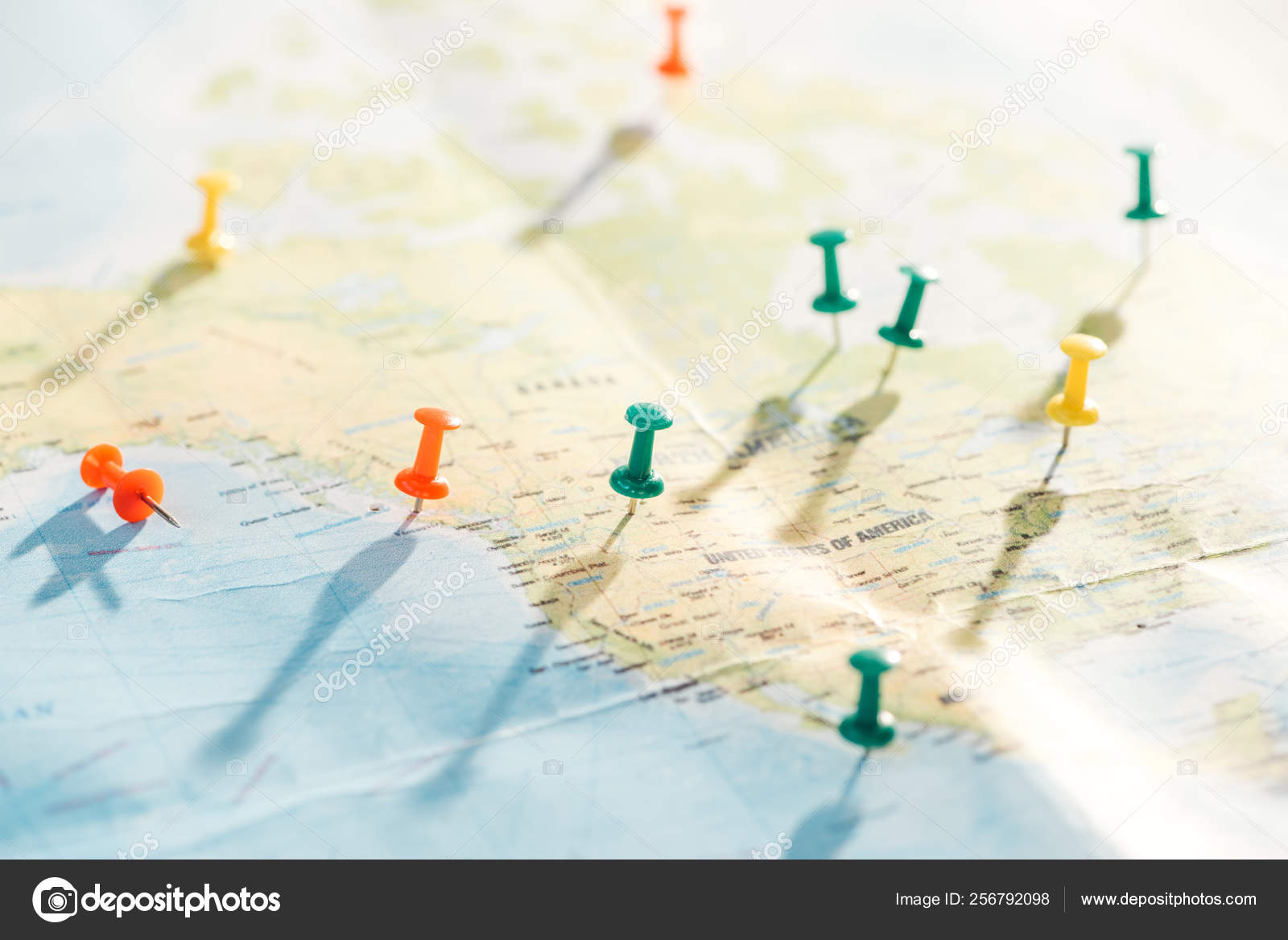 Selective Focus World Map Colorful Push Pins — Stock Photo ...