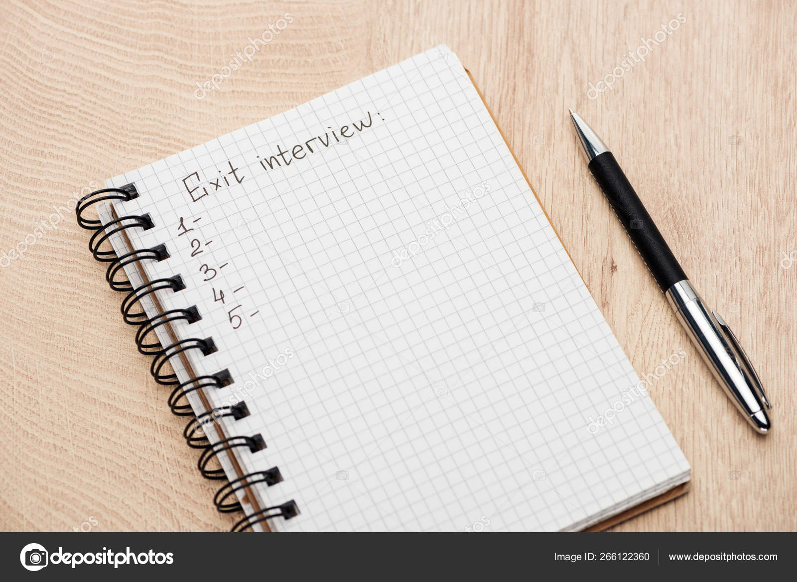 Notebook Pen Exit Interview Lettering Numbers Wooden Table Stock Photo ...