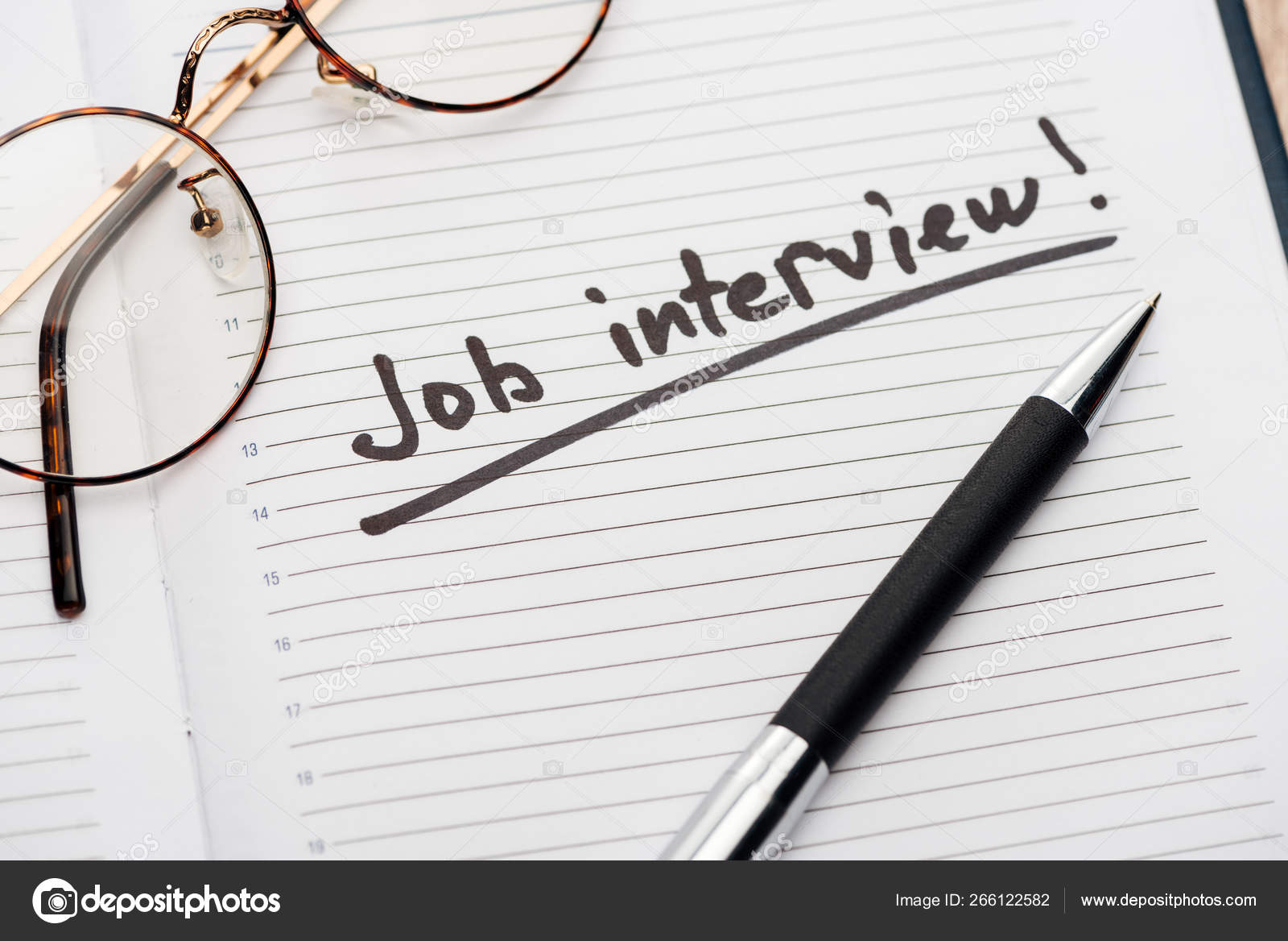 Notebook Pen Glasses Job Interview Black Lettering — Stock Photo ...