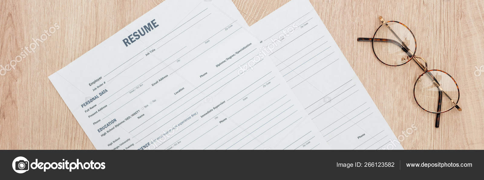 Panoramic Shot Resume Templates Glasses Wooden Surface — Stock Photo ...