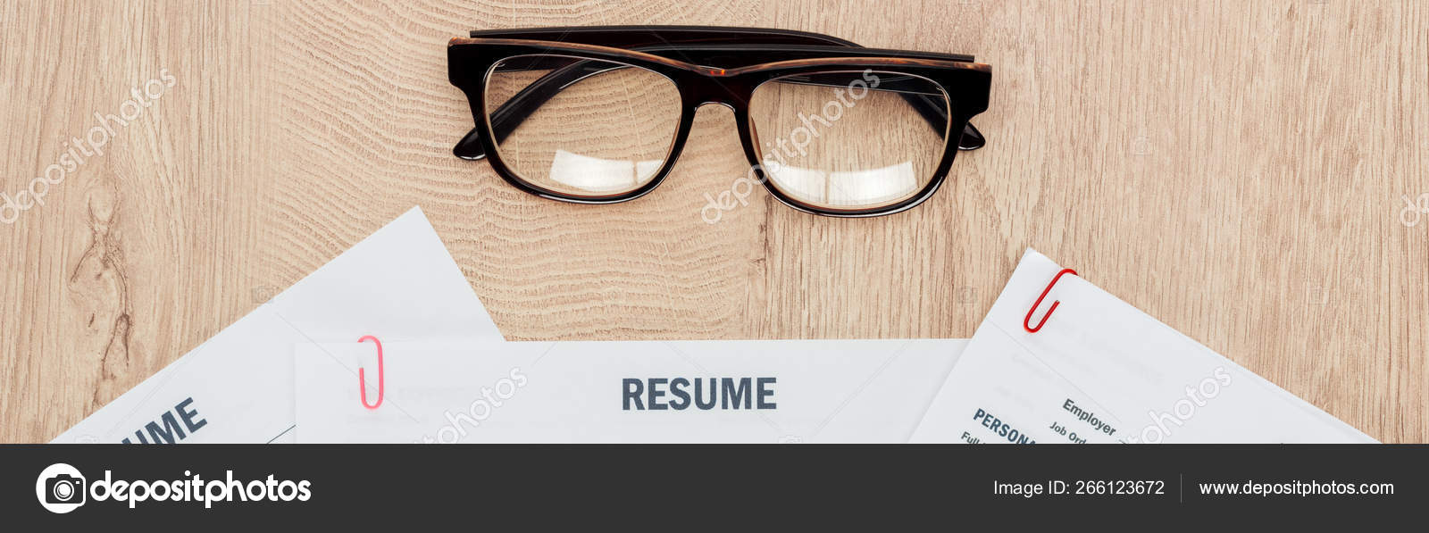 Panoramic Shot Resume Templates Glasses Wooden Table — Stock Photo ...