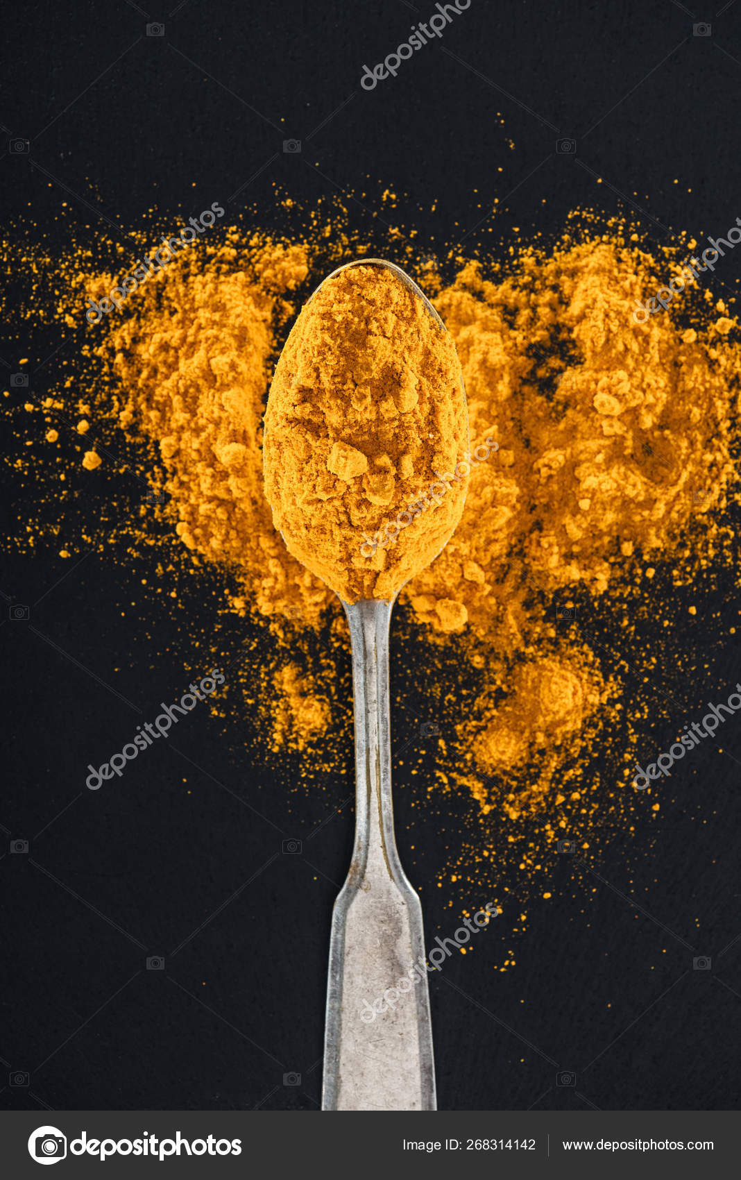 Top View Curry Powder Silver Spoon Black Background — Stock Photo ...