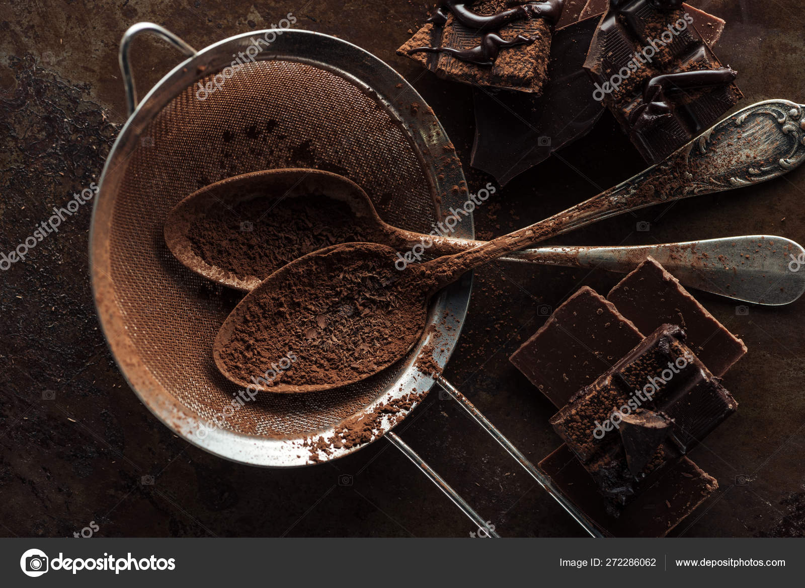 Top View Dirty Strainer Vintage Spoons Pieces Chocolate Bar Rust ...