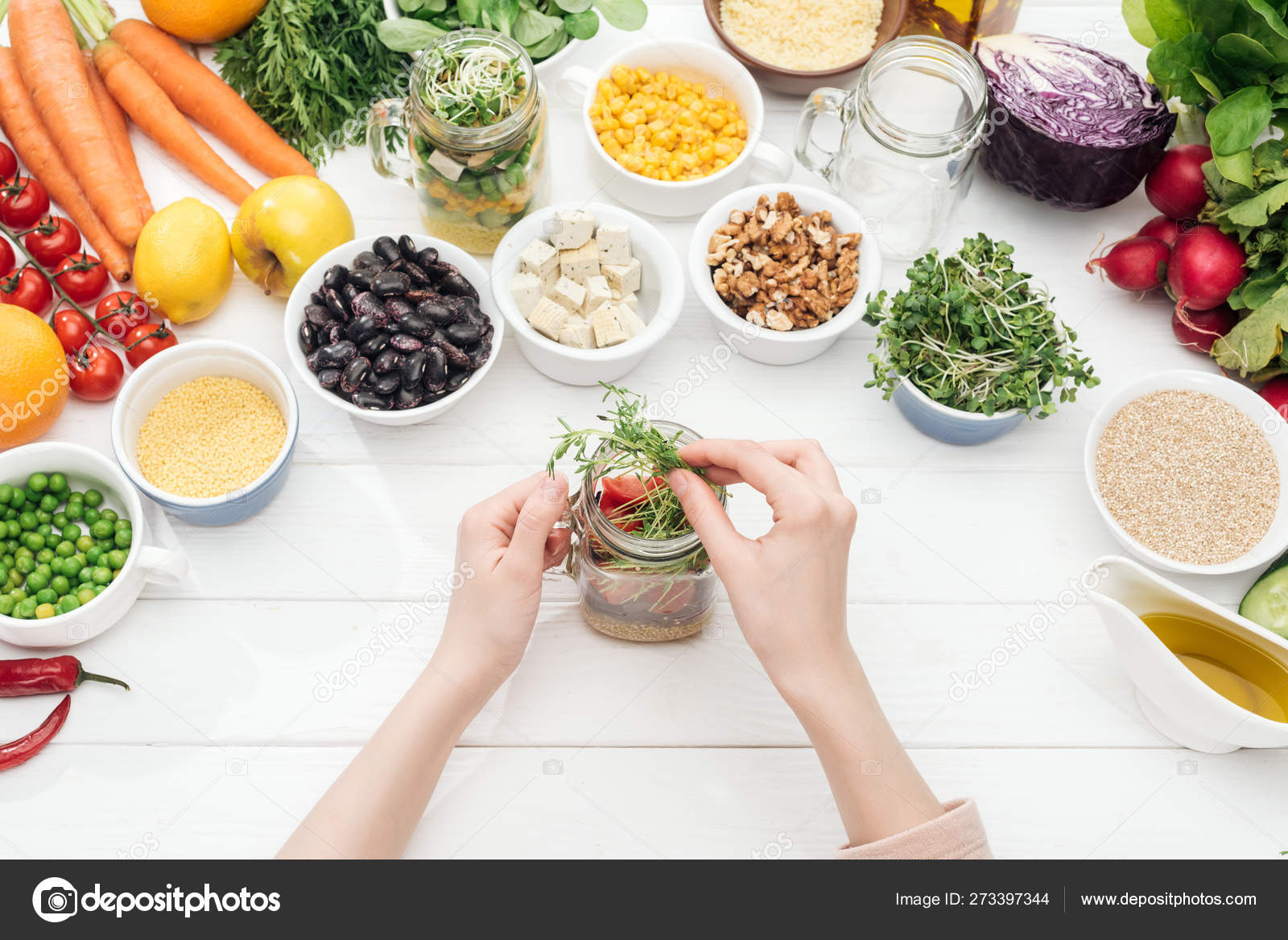 Cropped View Woman Adding Green Herbs Wooden White Table — Stock Photo ...