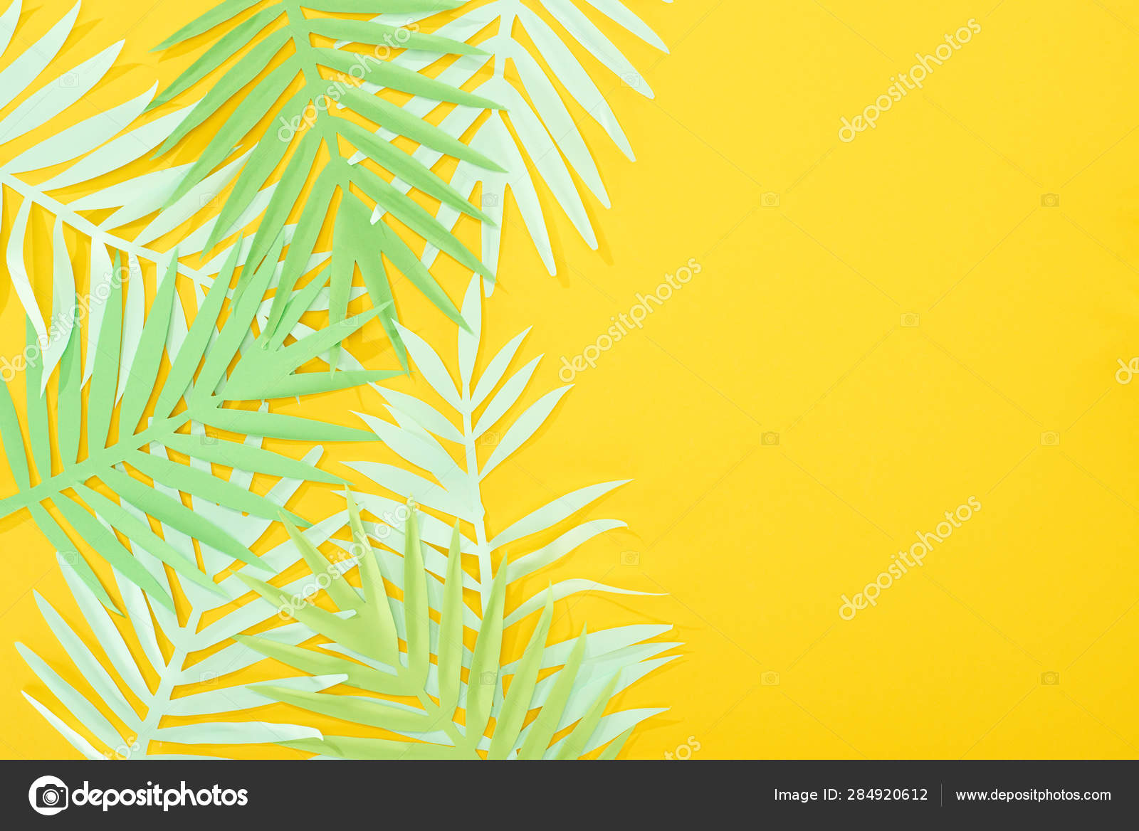 Top View Paper Cut Green Tropical Leaves Yellow Bright Background ...