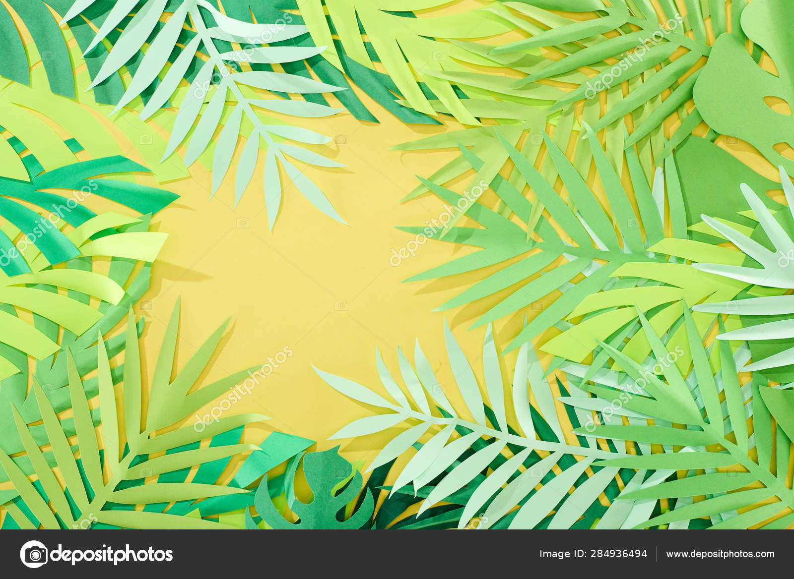 Top View Paper Cut Green Tropical Leaves Yellow Bright Background ...