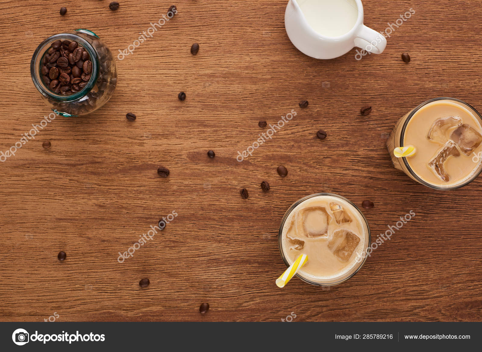 Top View Ice Coffee Glasses Milk Coffee Grains Wooden Table — Stock ...
