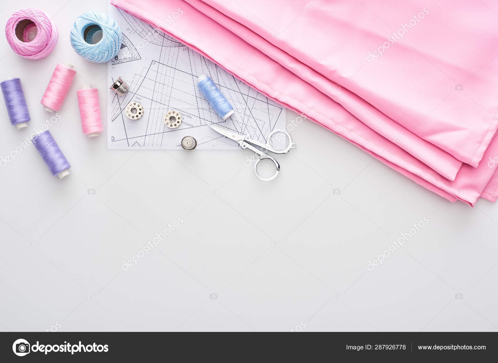 Top View Fabric Knitting Yarn Balls Sewing Pattern Scissors Thimbles ...