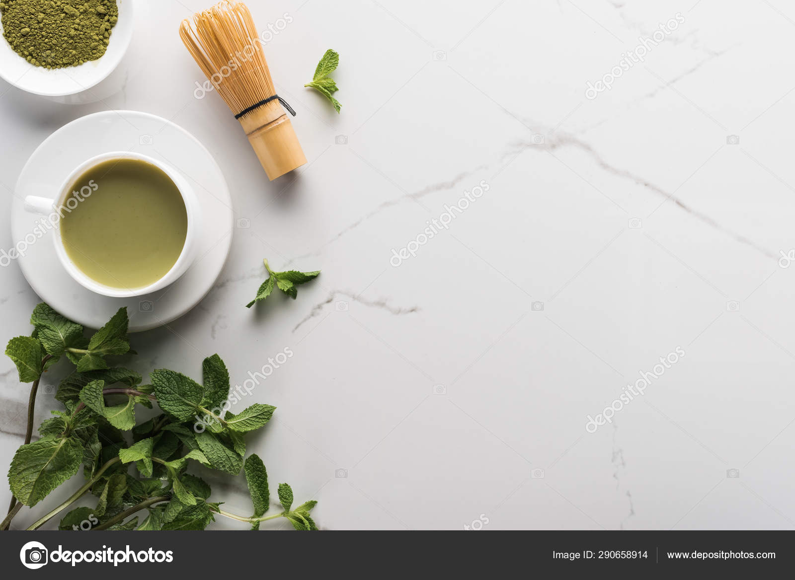 Top View Green Matcha Tea Mint Whisk White Table Stock Photo by ...