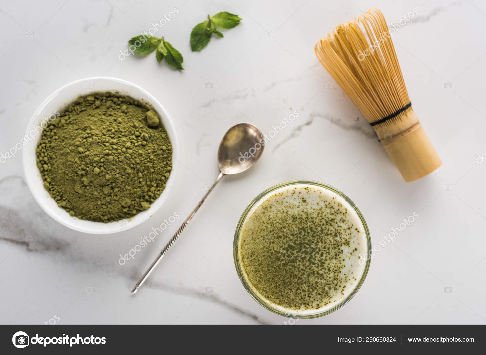 Top View Green Matcha Tea Powder Drink Glass White Table Stock Photo by ...