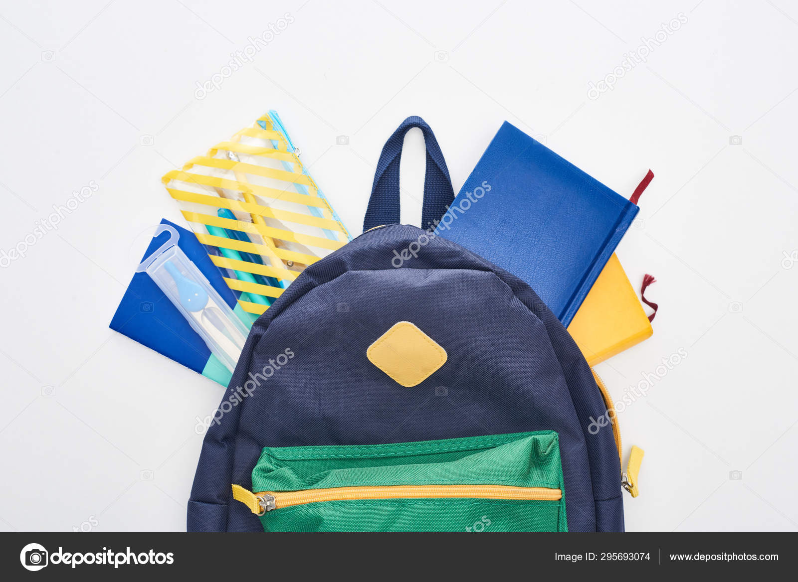 Blue School Bag Different School Supplies Isolated White — Stock Photo ...