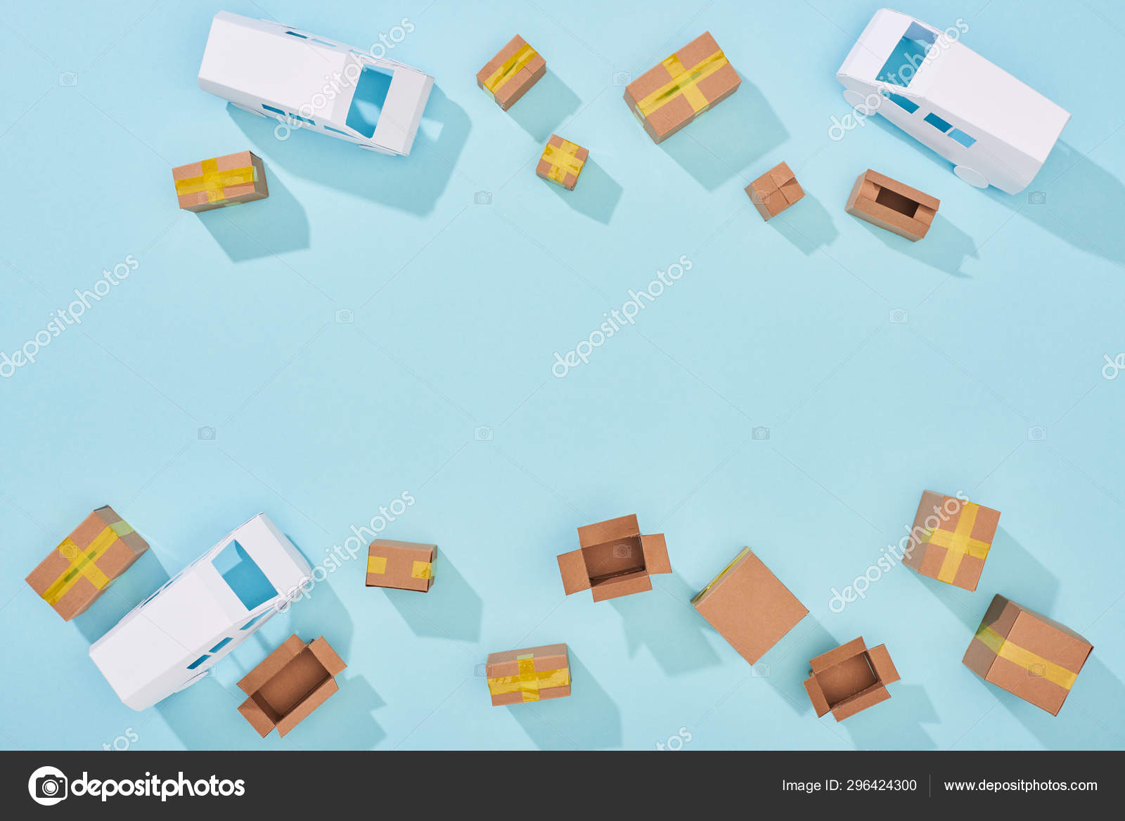 Top View Delivery Vans Models Carton Boxes Blue Background Stock Photo ...