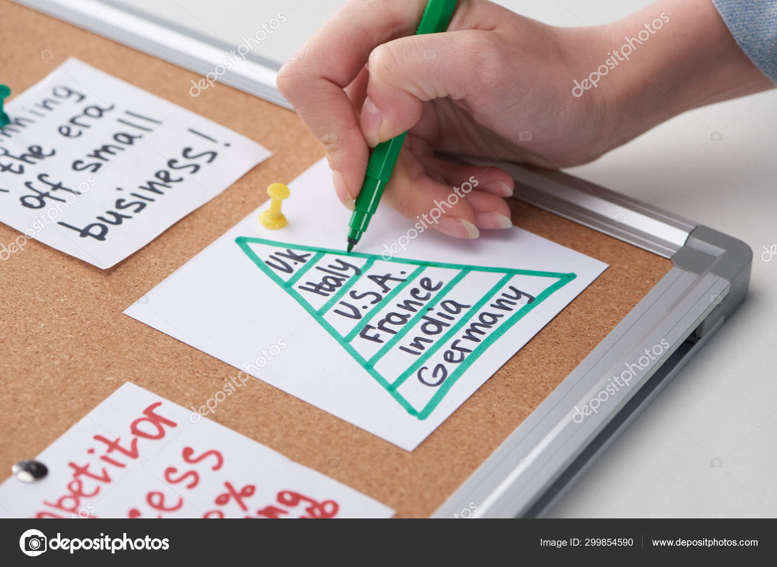 Cropped View Woman Writing Triangle Country Names Card Pinned Cork ...