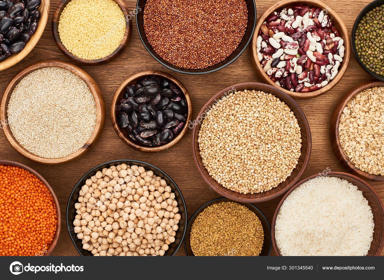 Top View Bowls Whole Grains Legumes Wooden Surface — Stock Photo ...
