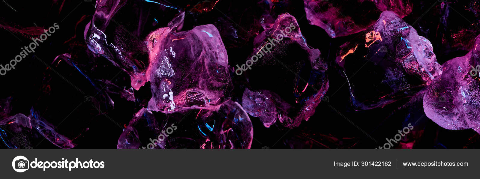 Panoramic Shot Transparent Ice Cubes Purple Lighting Isolated Black ...