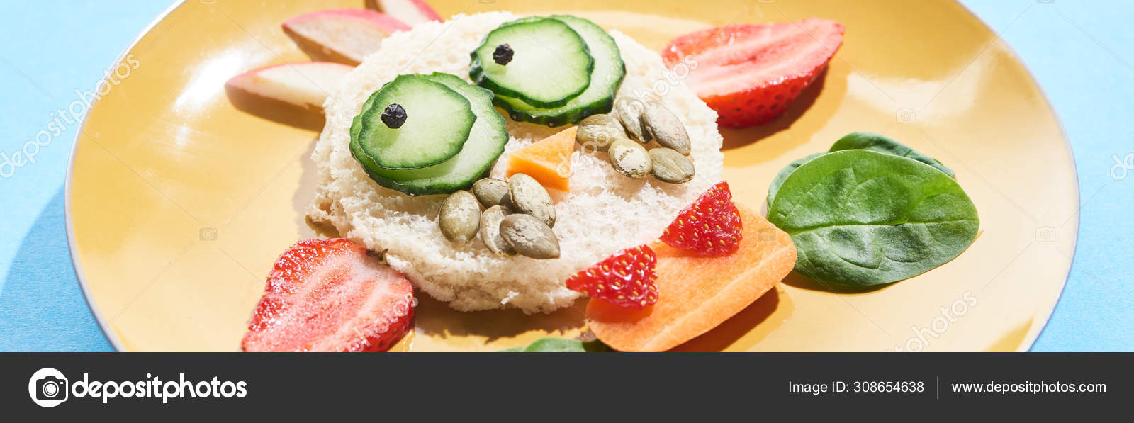 Close View Plate Fancy Face Made Food Childrens Breakfast Blue — Stock ...