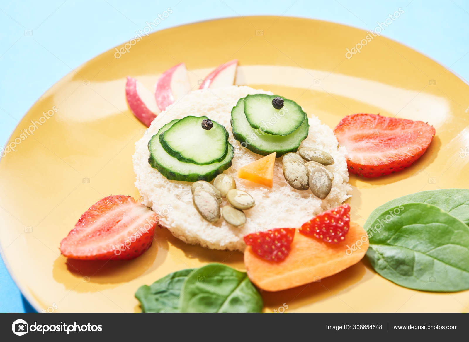 Close View Plate Fancy Face Made Food Childrens Breakfast Blue — Stock ...