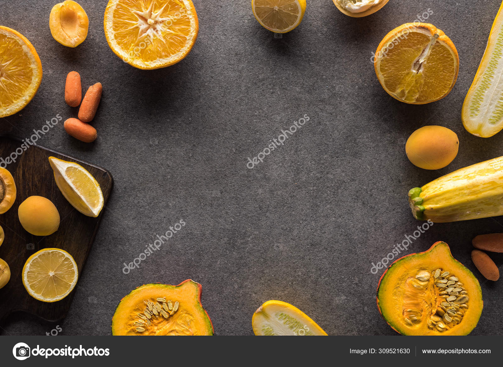 Frame Yellow Fruits Vegetables Grey Textured Background Copy Space ...