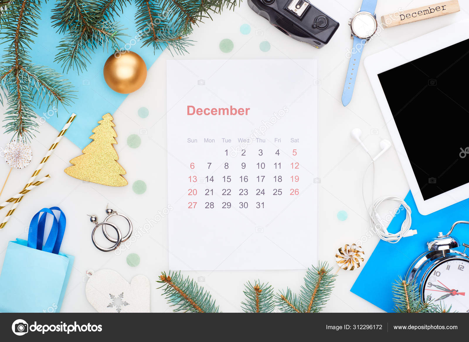 December Calendar Page Digital Camera Chrismas Baubles Fir Branch ...