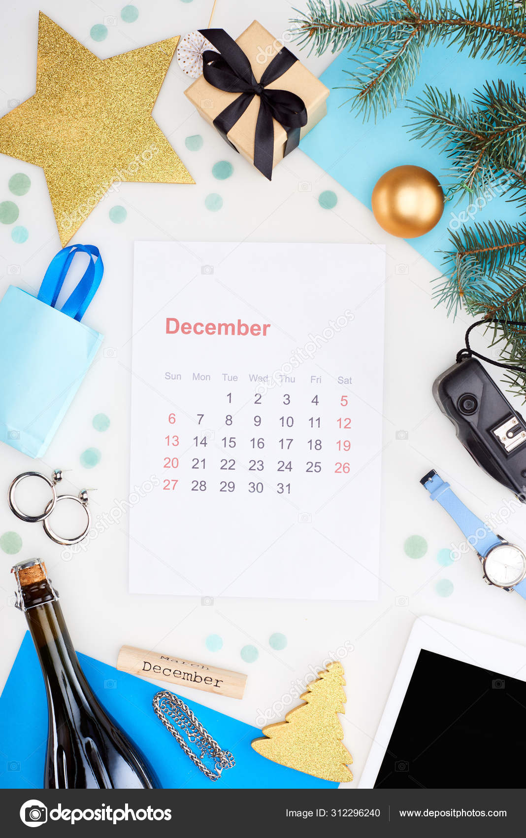 December Calendar Page Digital Camera Champagne Bottle Chrismas Baubles ...