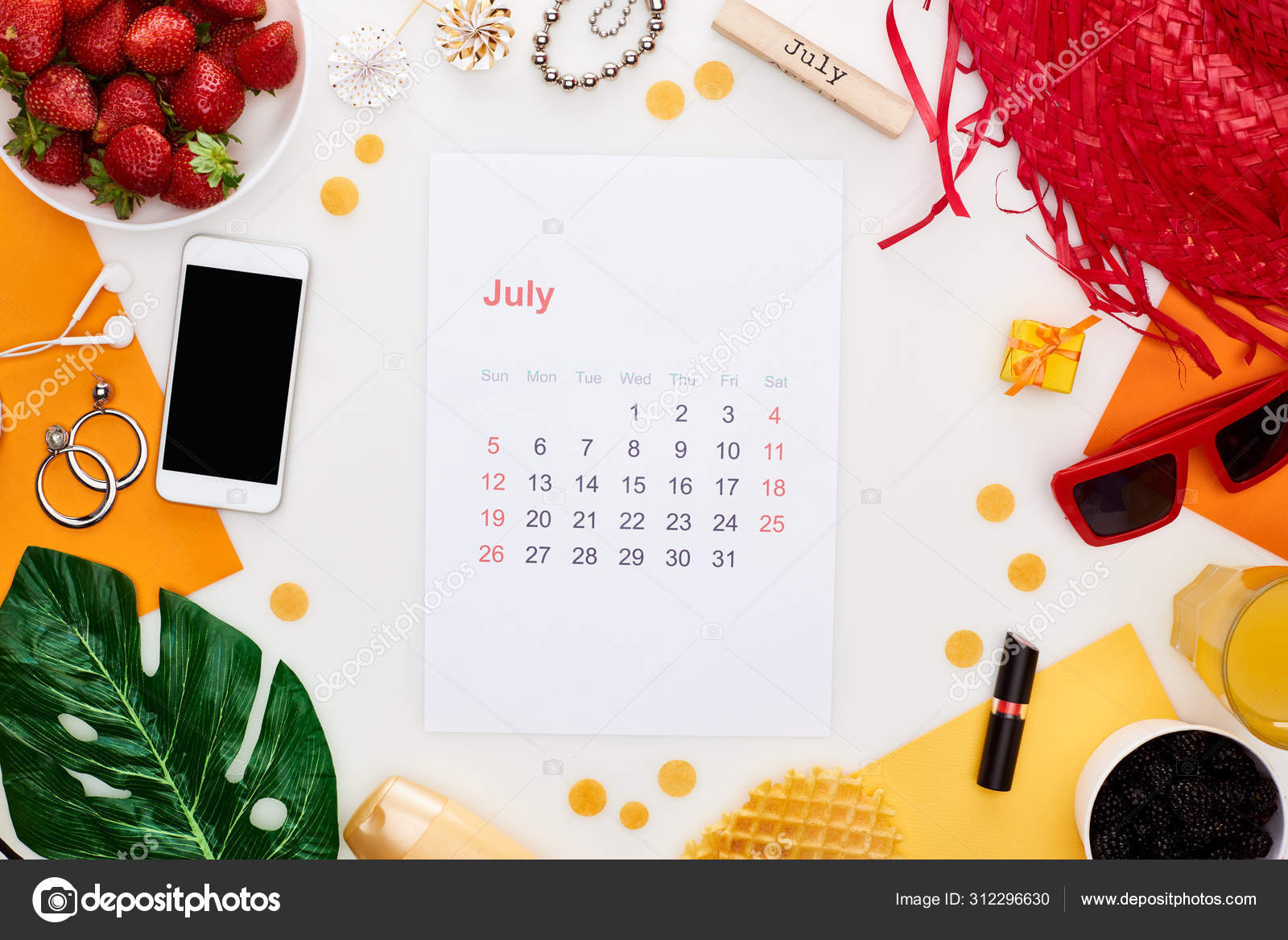 July Calendar Page Wooden Block July Inscription Smartphone Sunglasses ...