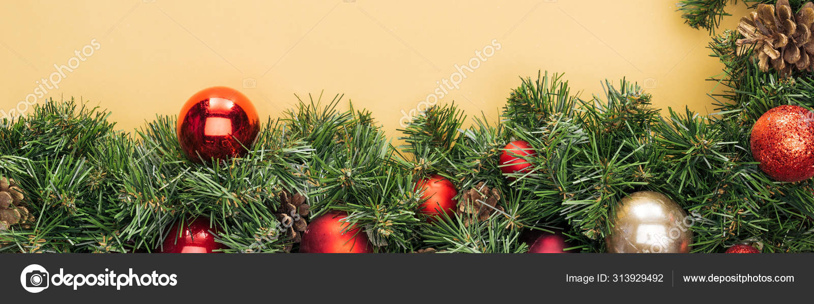 Top View Christmas Tree Branch Red Golden Baubles Yellow Background ...
