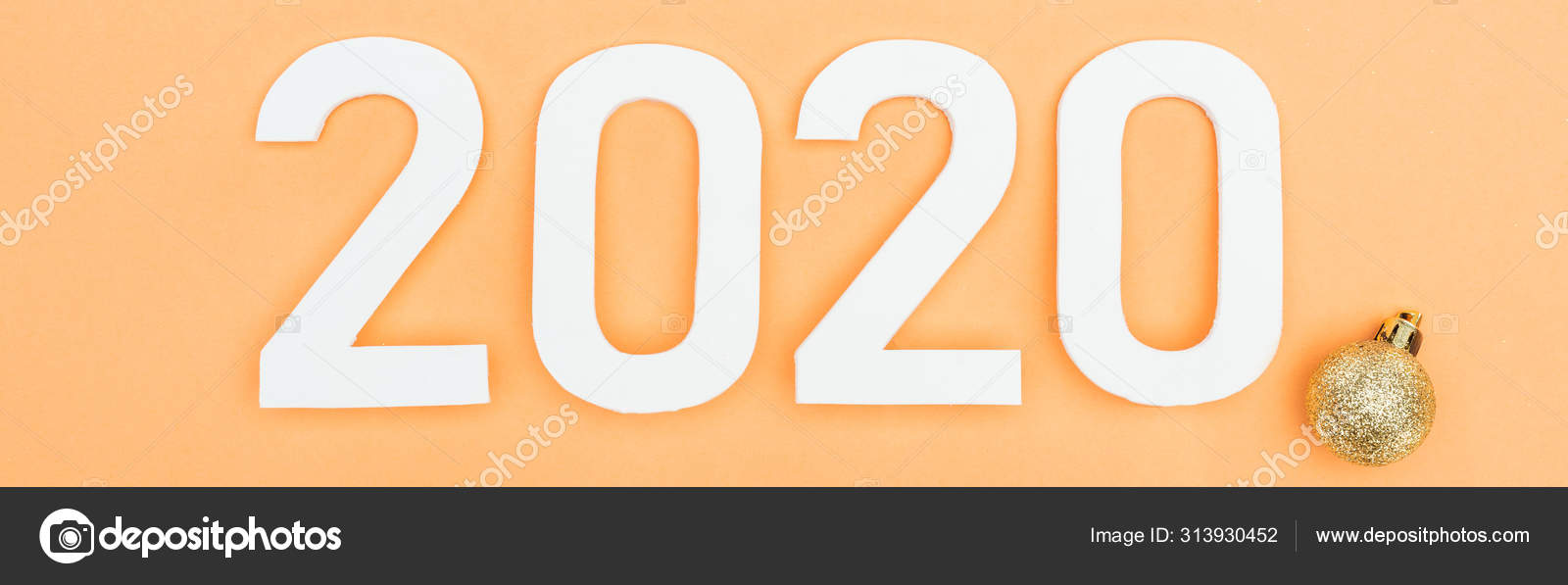 Top View White 2020 Numbers Golden Bauble Orange Background Panoramic ...