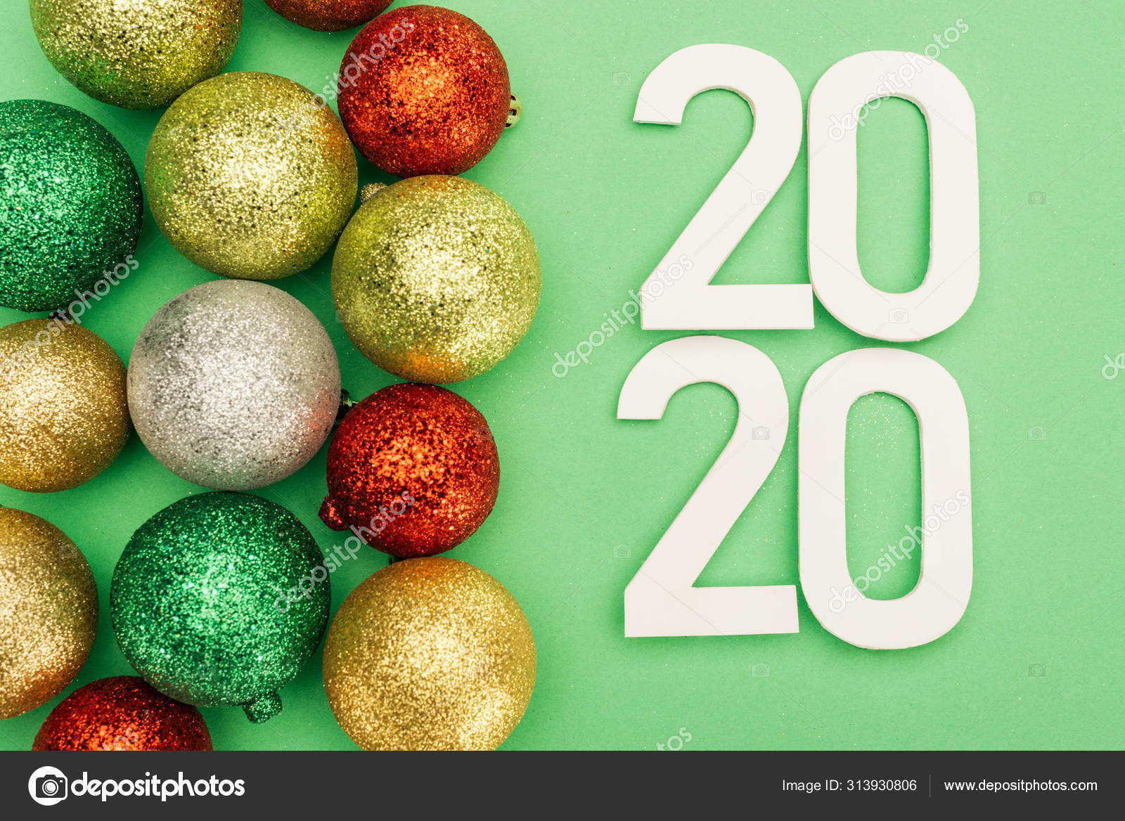 Top View White 2020 Numbers Multicolored Christmas Baubles Green ...