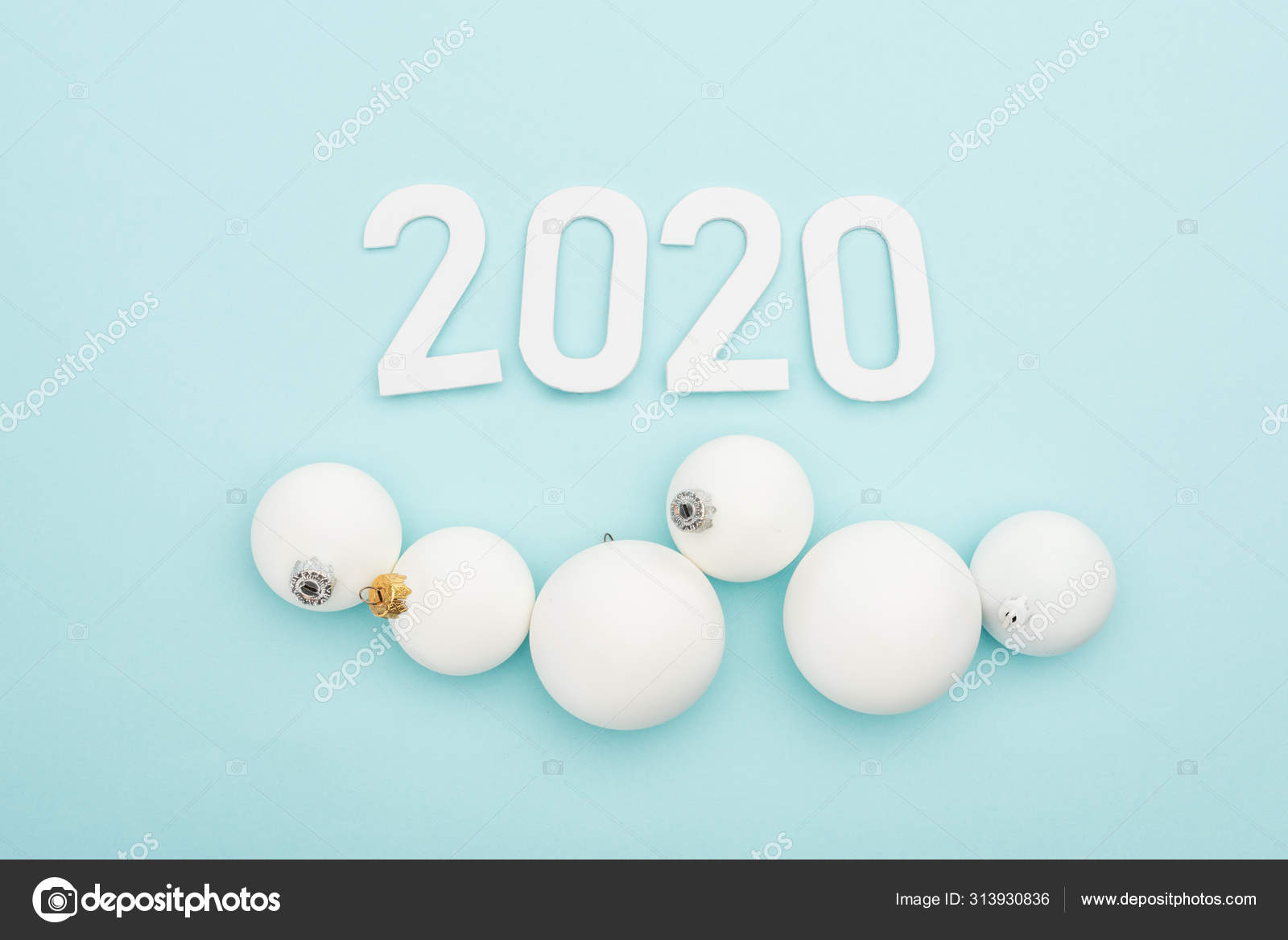 Top View White 2020 Numbers Christmas Baubles Light Blue Background ...